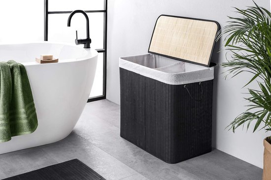 Wasmand met deksel en compartiment, stabiel, zwart, met waszak, wasbaar ...
