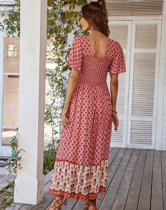 Zomerjurk Boho Kort Maxi-jurk Gesmokte Strandjurk Lang Blumenjurk Ruschen Voluntary... | bol