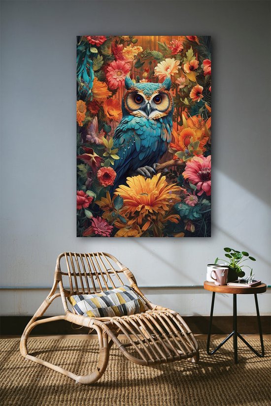 Kleurrijke uil tussen bloemen poster - 70 x 100 cm | bol