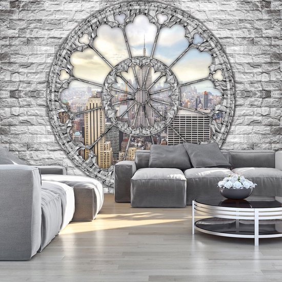 Fotobehang - Vlies Behang - 3D Uitzicht door het Ronde Raam op New York ...