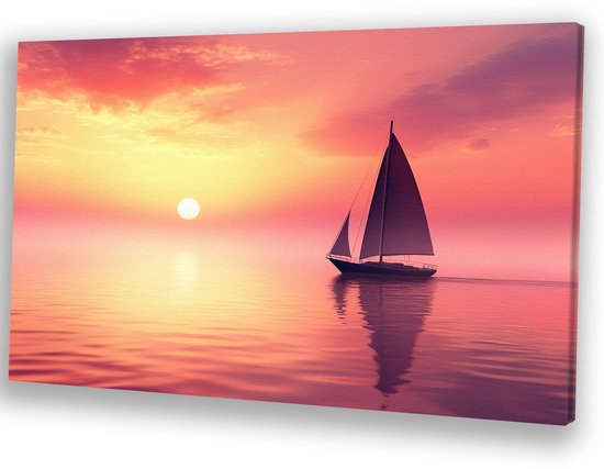 Zeilboot bij zonsondergang op zee - Zeilboot canvas kunst - Schilderij op canvas... | bol