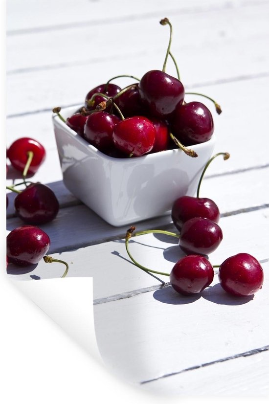 Muursticker Kersen - Witte kom vol met verse rode kersen op witte ...