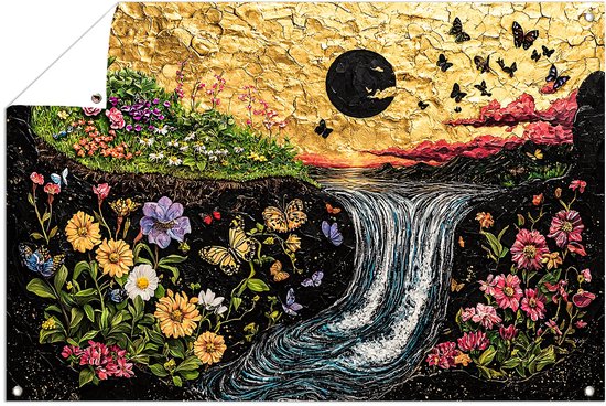 Bloemen en waterval in goud - Natuur tuinprints - Tuinmuurdecoratie ...