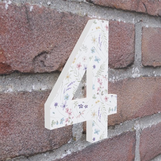 Huisnummer Arial 4 wit met bloemen - Huisnummerbord - 15 cm - blinde ...