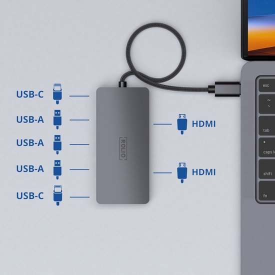 Rolio USB C Hub - Dual Monitor - 2x HDMI 4K - 2x USB-C - 3x USB 3.0 - Geschikt voor... | bol