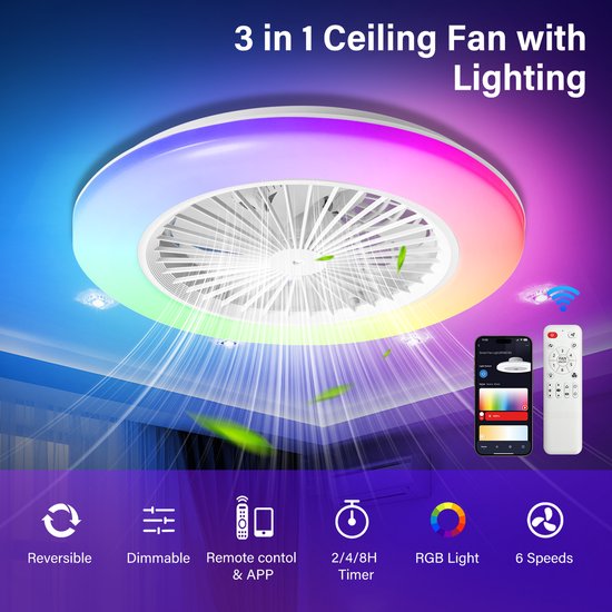RGB Plafondventilator met lamp Ventilator met LED verlichting ...