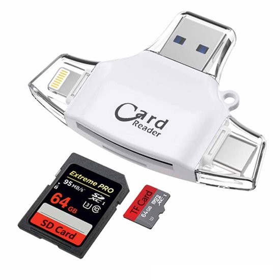 4 IN 1 USB + 8-Pin (Lightning) + USB-C naar SD + Micro-SD (tf) adapter ...