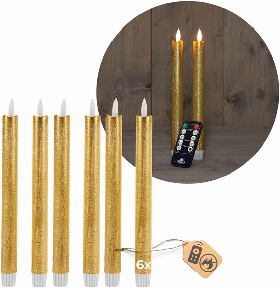 LED-kaarsen met timer GOUD 6 stuks Binnen 6 uur ECHTE WAS 18 cm hoogte ...