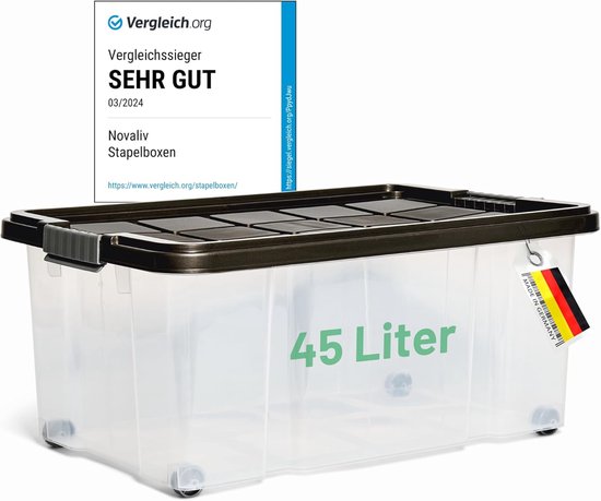Novaliv opbergbox met deksel, groot, 45L, antraciet. Stapelbare ...