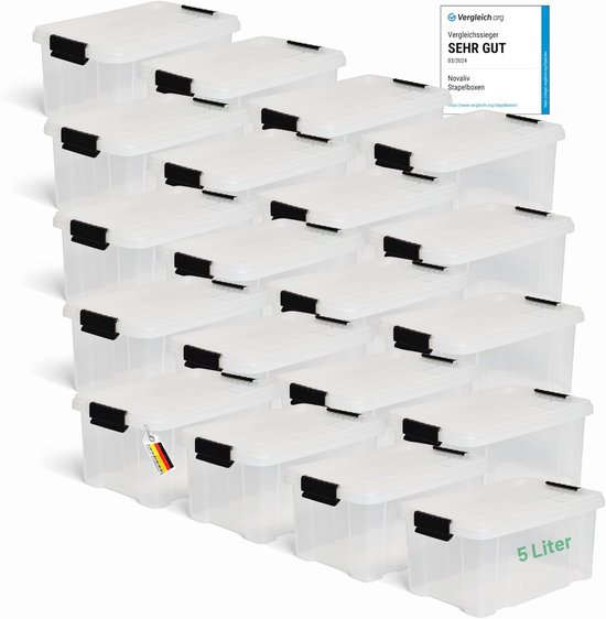 Novaliv 20x opbergdozen met deksel 5L transparant nestbaar stapelbaar ...