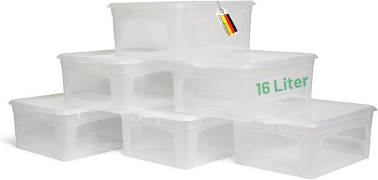 6x opbergdozen met deksel 16L transparante dozen stapelbaar nestbaar ...