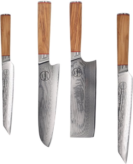 Sumisu Knives - Japanse Messenset Wood - 4-delige Messenset - Damascus ...