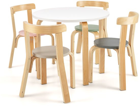 COSTWAY Kindertafel met 4 stoelen, 5 stuks. Houten zitgroep met ronde ...