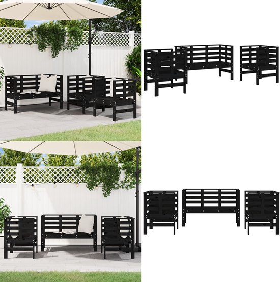 vidaXL 3-delige Loungeset massief grenenhout zwart - Tuin Loungeset ...