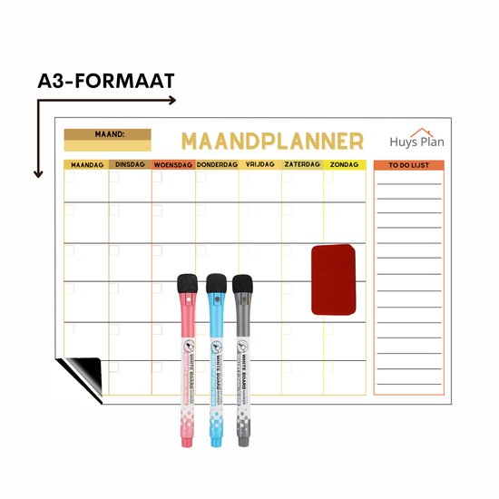 Huys Plan® Magnetische Maandplanner Whiteboard A3 Formaat – Inclusief 3 ...