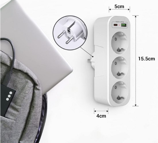 Stopcontact Splitter Met USB-C - Stekkerdoos Adapter Met 3 Geaarde ...