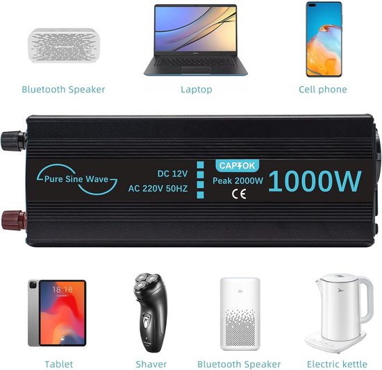 Spanningsomvormer 1000W/2000W - Zuivere Sinus Auto-omvormer DC 12V naar ...