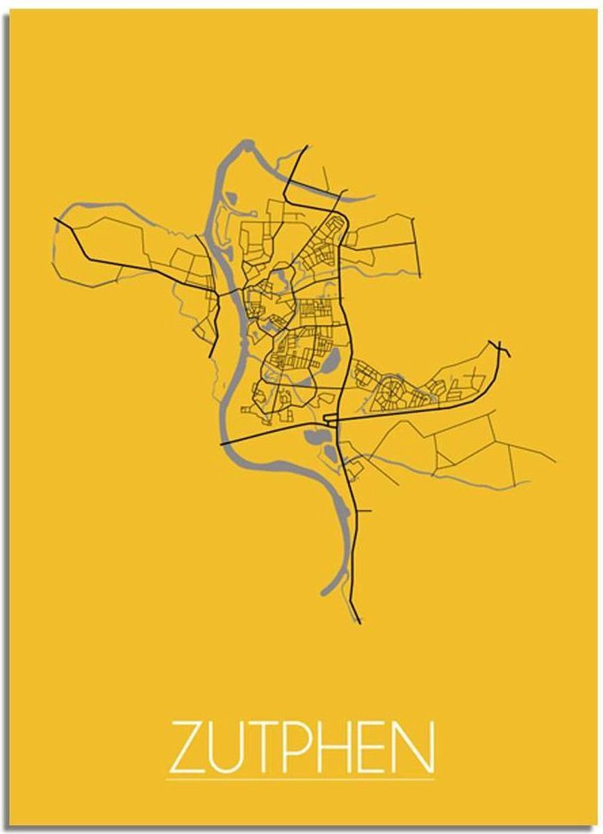 DesignClaud Zutphen Plattegrond poster Geel - A3 + Fotolijst zwart (29 ...
