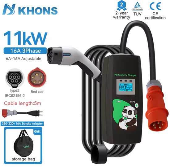 Khons Mobiele Thuislader Elektrische Auto 11 kW | Draagbaar | IP54 Waterdicht | 16A 3... | bol