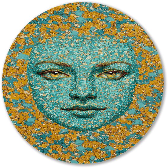 Abstract portret in blauw en goud - Gezicht schilderij rond ...