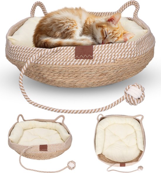 CallmPace Kattenmand - Met bal speelbal - Rotan Rieten Mand - Zacht Wit ...