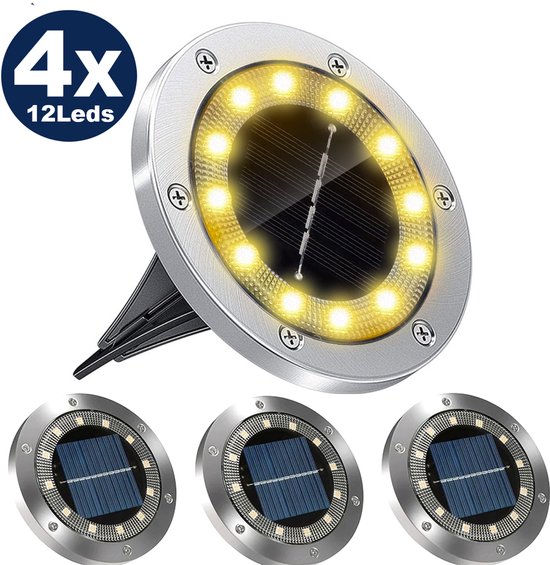Led Solar Grondspots-4x LED Warm RVS - met 12 Leds Solar Grondspot ...