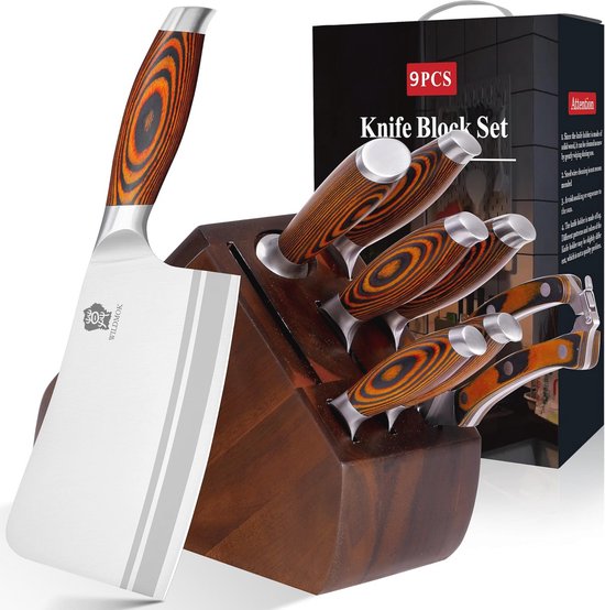 9-delige Keukenmessen Set met Houten Handvat - Professionele Messenset ...