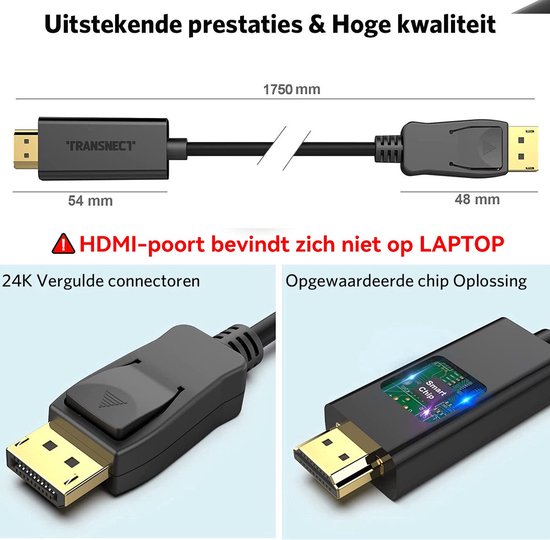 Transnect - DisplayPort naar HDMI kabel - 1920 × 1080 - 1.75M ...