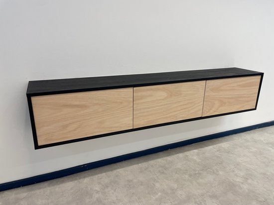 TV Meubel RUBI Beuken Hout - Zwart - 200x30x30 cm - 3 soft-close deuren ...