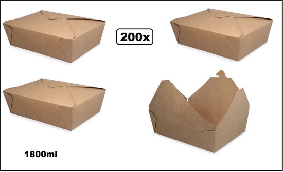 200x Oosterse Maaltijdbox 1800ml kraft - 19cm x 14cm x 6,5cm - Grote ...