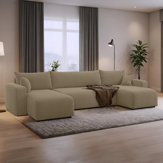 U-bank met opbergruimte Romee - Beige - Teddy stof - U-zetel ...