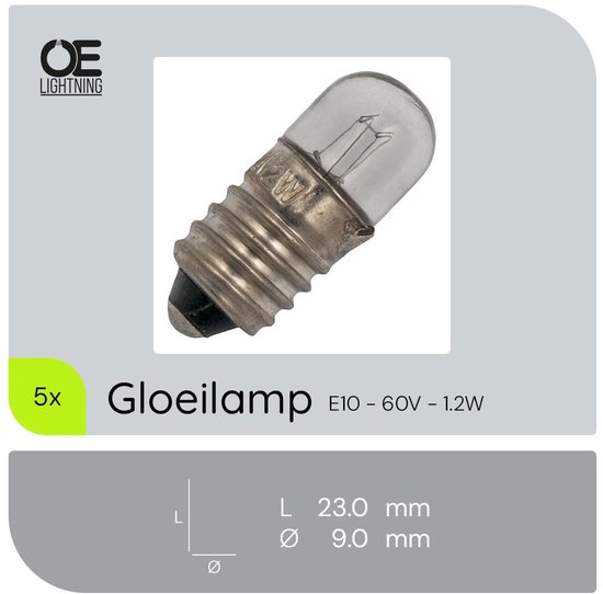 Signaallamp E10 60V 1.2W - 20 mAh - 5 stuks - T9 Gloeilamp Ø9mm - 23mm - 2500K - Dimbaar | bol