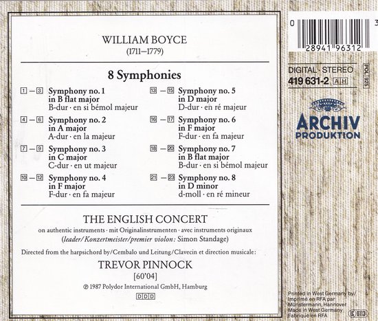 8 Symphonies - William Boyce - The English Concert o.l.v. Trevor ...