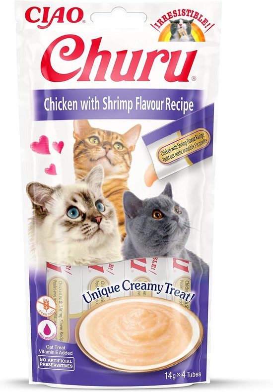 Zachte en Romige Kat Snacks met Kip en Garnalen - 48 Tubes van 14g | bol