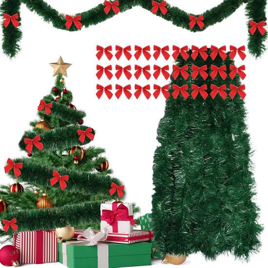 Slinger Kerstmis 10 m + 24 stuks kerststrikken rood, kunstmatige ...