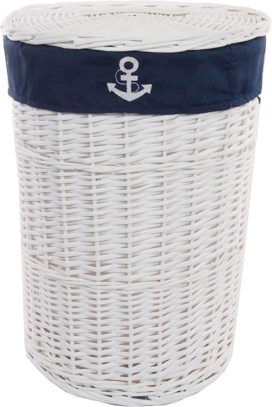 Ronde wasmand met deksel van wilgenhout en katoen, wit/marineblauw | bol