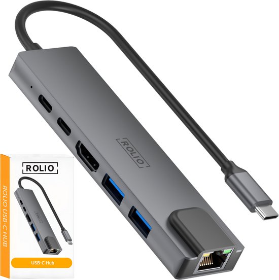 Rolio USB C Hub - 1x HDMI 4K - 1x Ethernet - 2x USB-C - 2x USB-A - USB ...