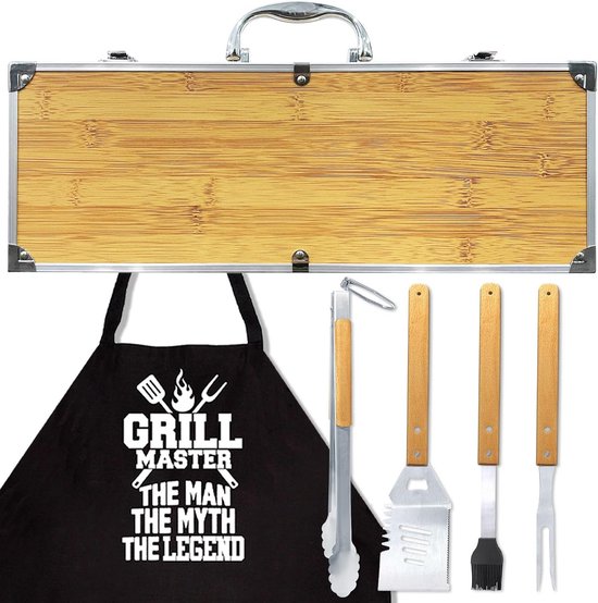 Complete Houten BBQ Gereedschapset RVS – Grillaccessoires Cadeau voor ...