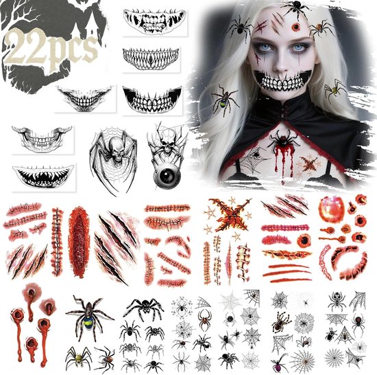22pcs Halloween Tattoos - Spiders for Face - Creepy Halloween Costume ...