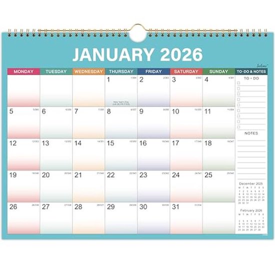 Muurkalender 2025-2026 - Kleurrijke Dubbel-Wire Kalender met Dikke ...