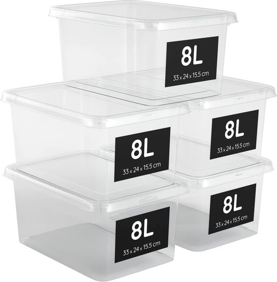 Unyqoos® Set van vijf transparante opbergdozen met deksel voor ...