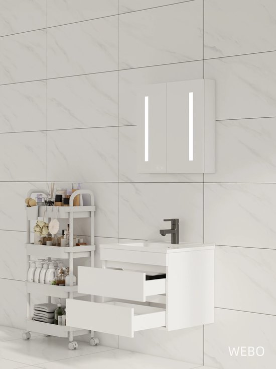 60cm Badmeubel WEBO Paris Compleet Geleverd Wit inclusief spiegelkast ...
