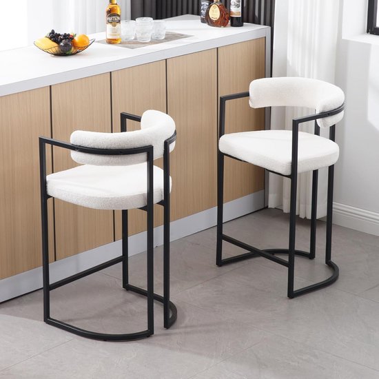 Moderne Keuken Barkrukken Set van 2 met Faux Fur en Metalen Frame - Wit ...