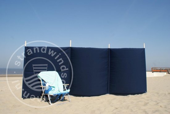 Strand Windscherm 4 meter dralon effen marine blauw met houten stokken ...