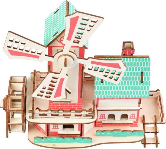 Bouwpakket 3D Puzzel Lucky Windmill Windmolen Molen van hout- gekleurd ...