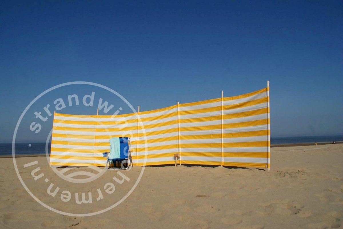 Strand Windscherm 6 meter dralon geel/wit met houten stokken | bol