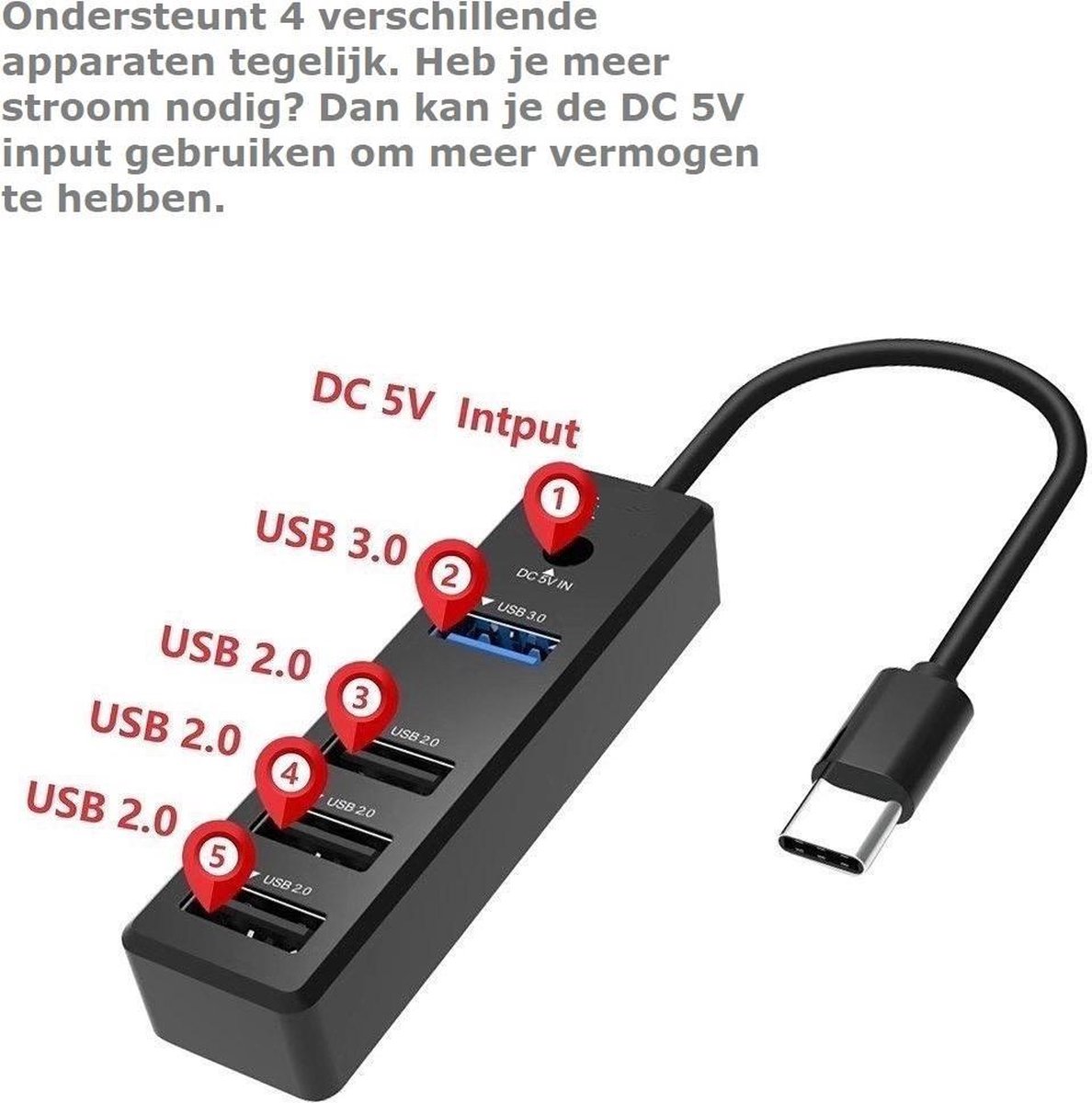 USB C Hub 3.0 met voeding poort | 4 USB Poorten | 1x USB 3.0 | 3x USB 2 ...