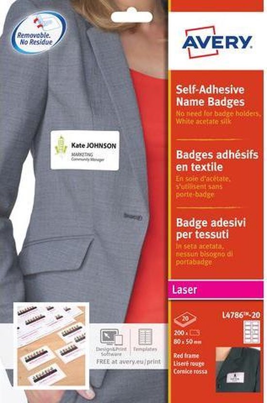 Naambadge etiket avery l4786-20 80 x 50 mm 200 st rd kader | bol.com