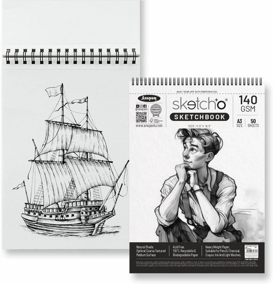 Schetsboek A3 140 g/m² Zuurvrij Papier Draadgebonden voor Tekenen en ...