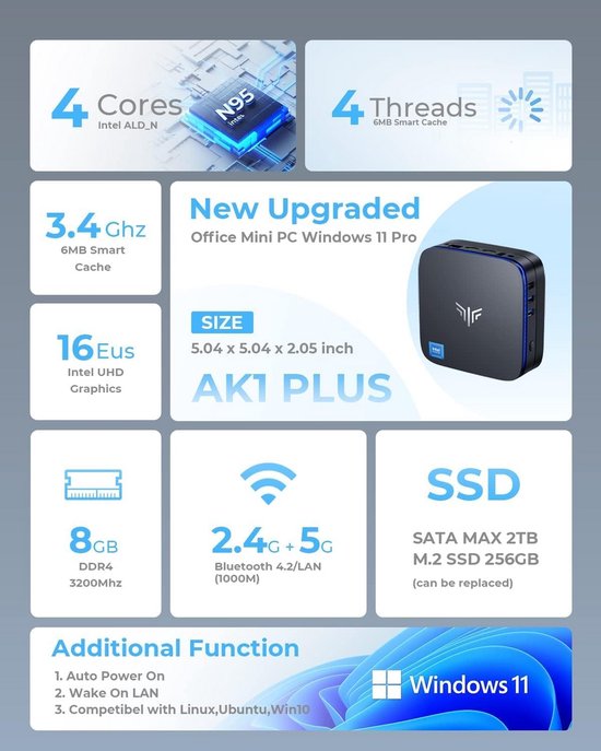 Compacte Mini PC met Alder Lake N195, 8GB RAM, 256GB SSD, 4K Dual ...